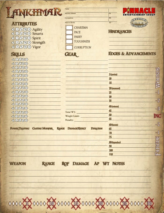 Character Sheets | Pinnacle Entertainment Group